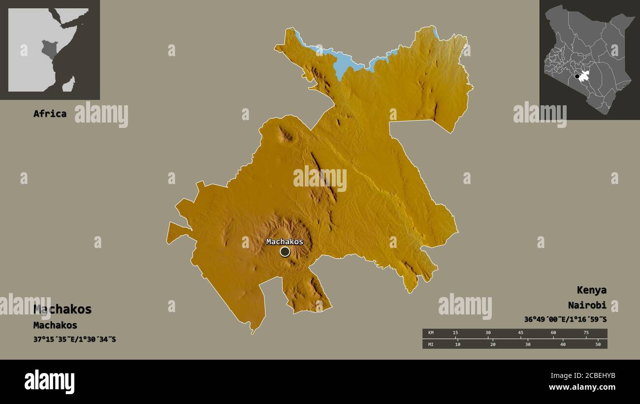 Shape of Machakos, county of Kenya, and its capital. Distance scale ...
