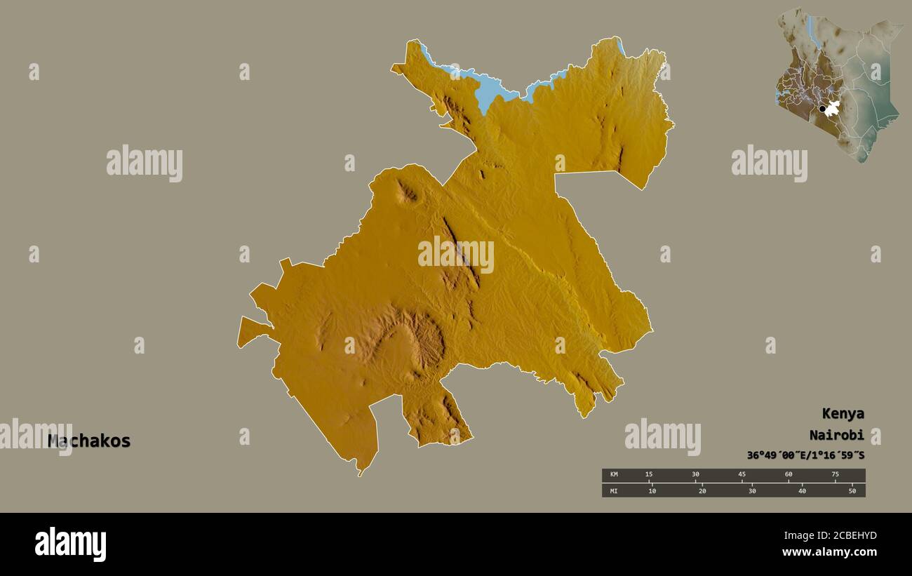 Shape of Machakos, county of Kenya, with its capital isolated on solid ...