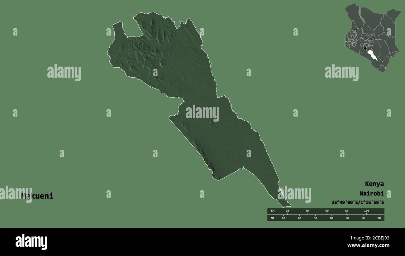 Shape of Makueni, county of Kenya, with its capital isolated on solid ...