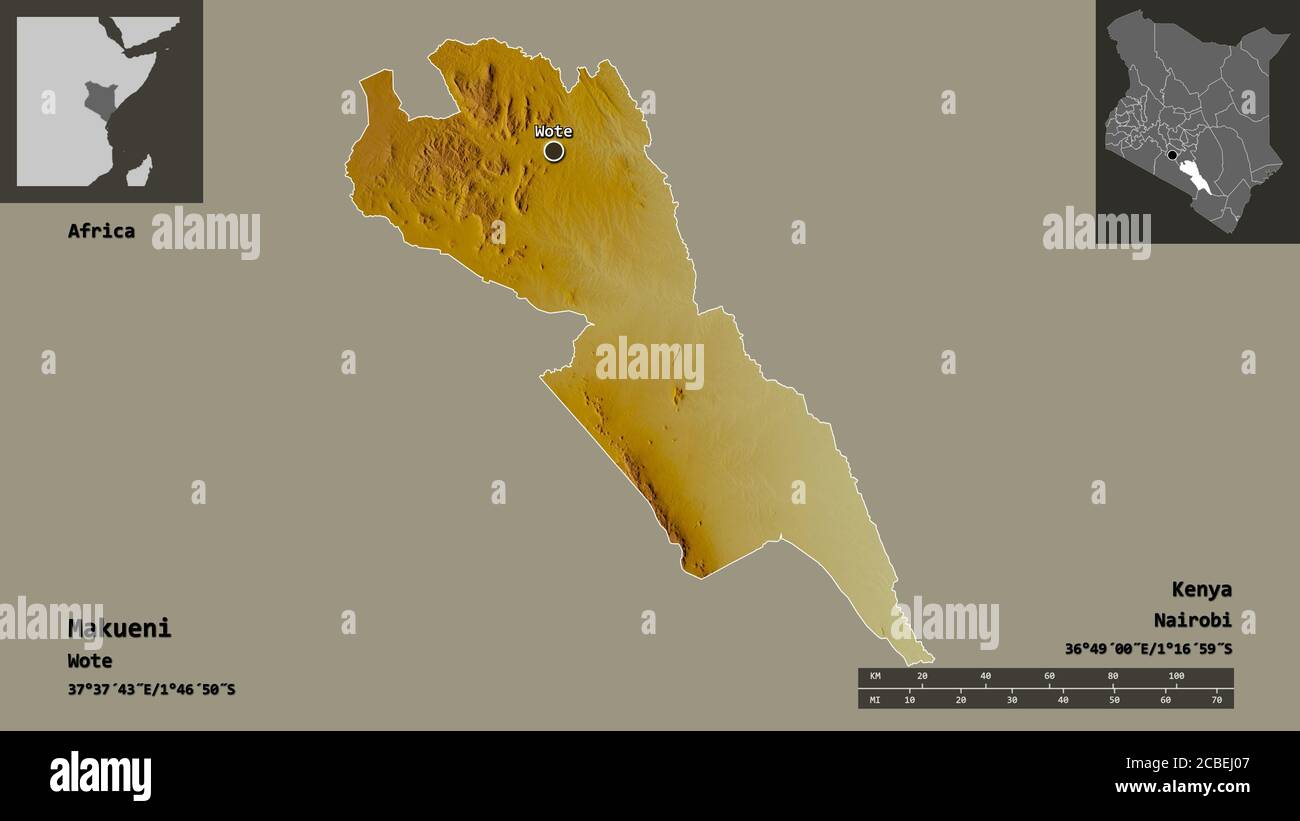 Shape of Makueni, county of Kenya, and its capital. Distance scale ...