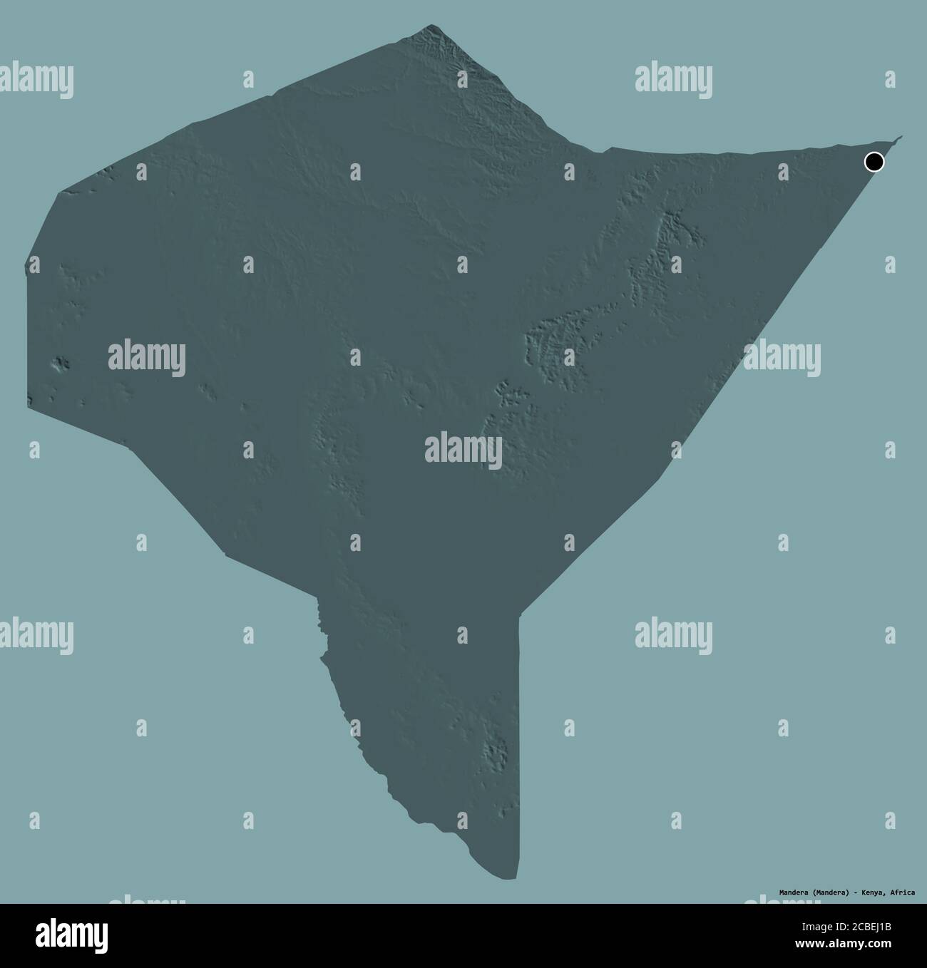 Shape of Mandera, county of Kenya, with its capital isolated on a solid ...