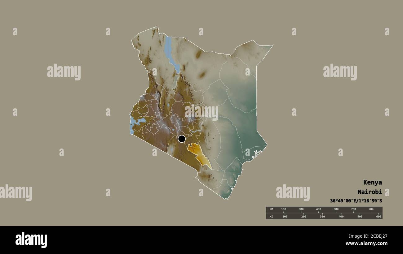 Desaturated shape of Kenya with its capital, main regional division and ...