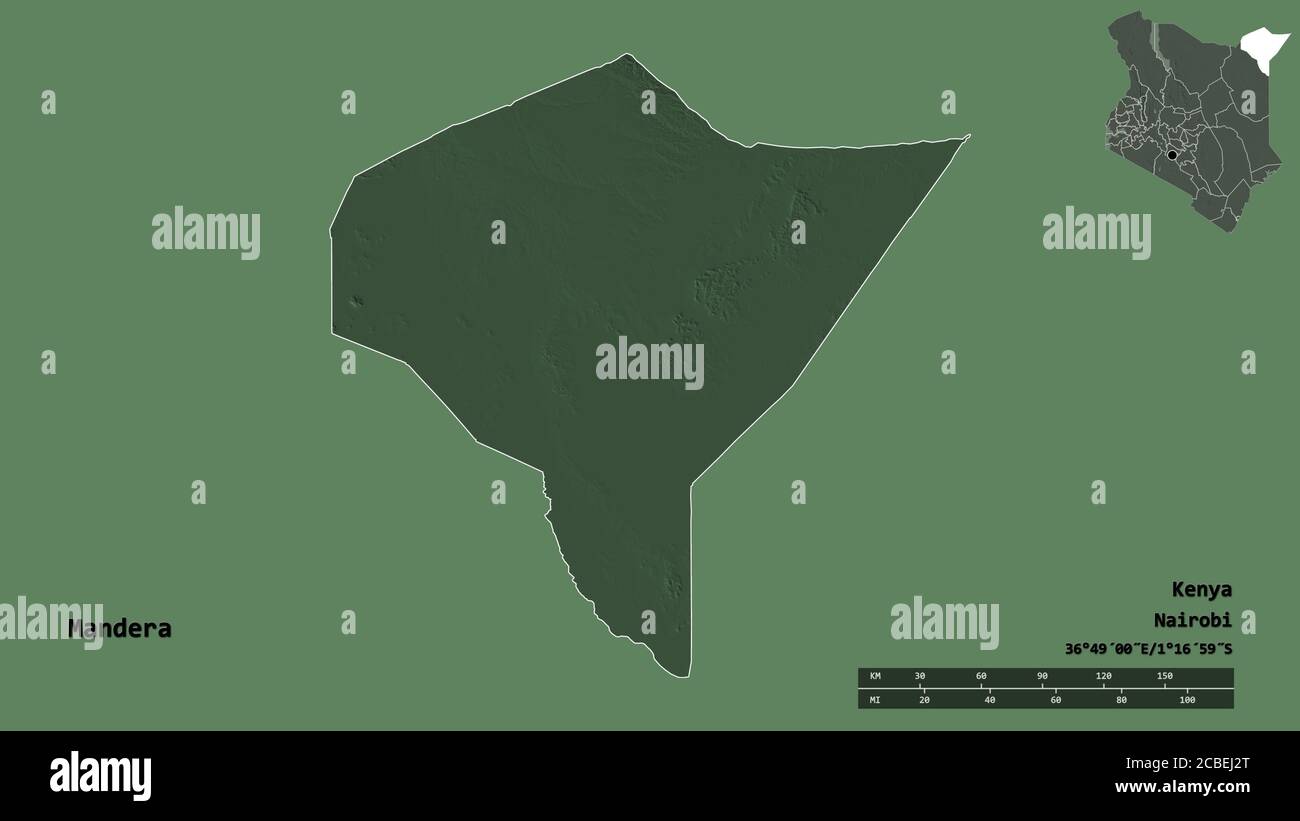 Shape of Mandera, county of Kenya, with its capital isolated on solid ...