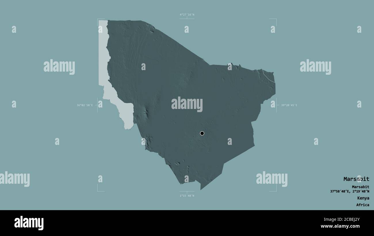 Area of Marsabit, county of Kenya, isolated on a solid background in a ...