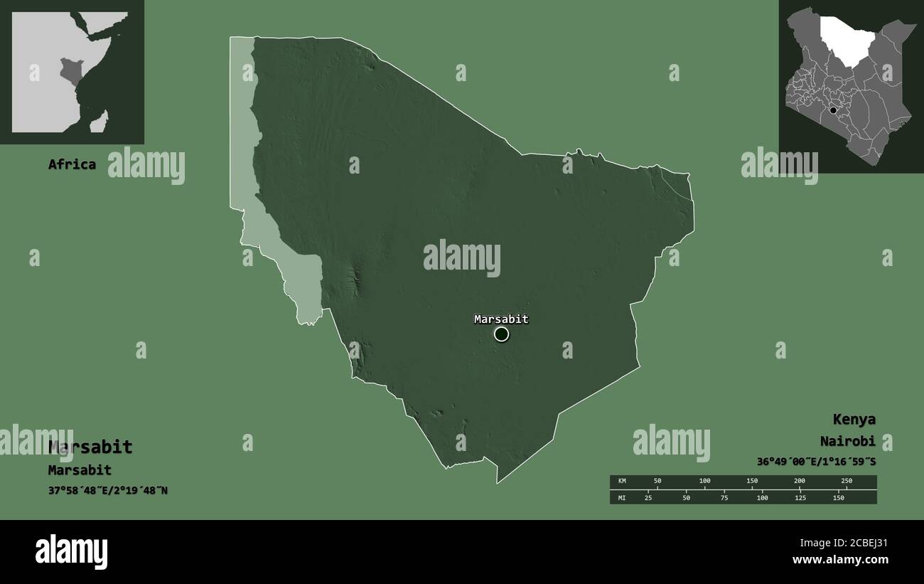 Shape of Marsabit, county of Kenya, and its capital. Distance scale ...