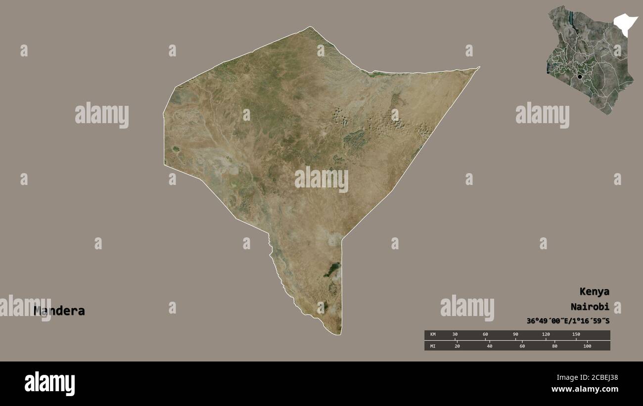 Shape of Mandera, county of Kenya, with its capital isolated on solid ...