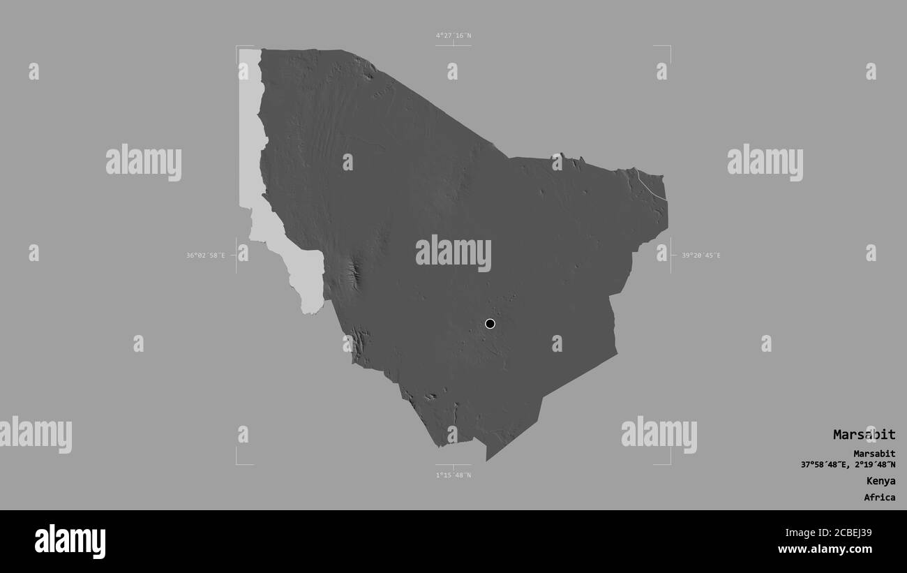 Area of Marsabit, county of Kenya, isolated on a solid background in a ...