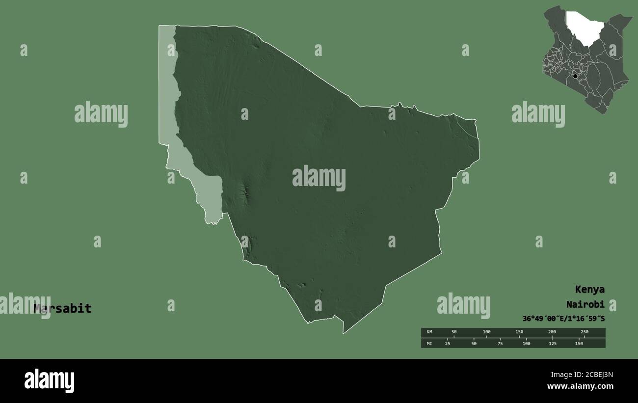 Shape of Marsabit, county of Kenya, with its capital isolated on solid ...