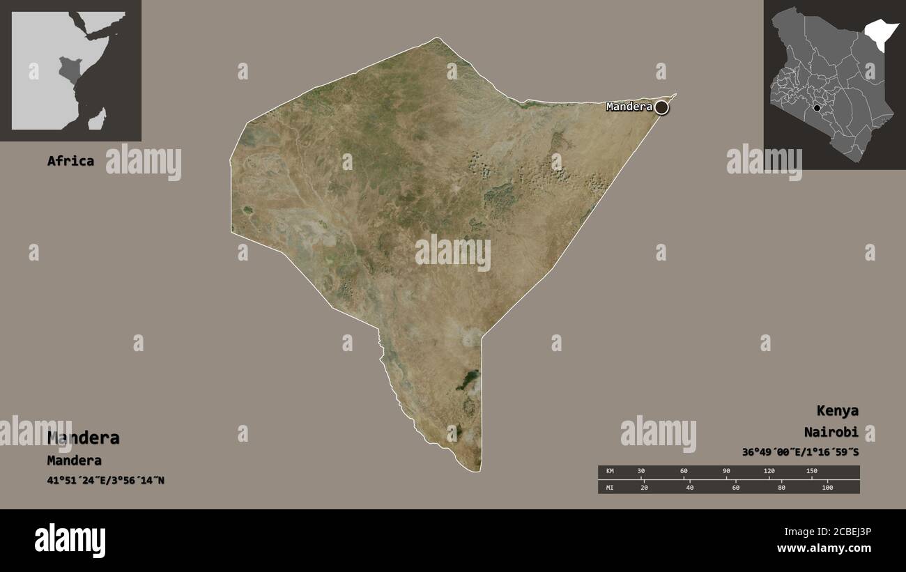 Shape of Mandera, county of Kenya, and its capital. Distance scale ...