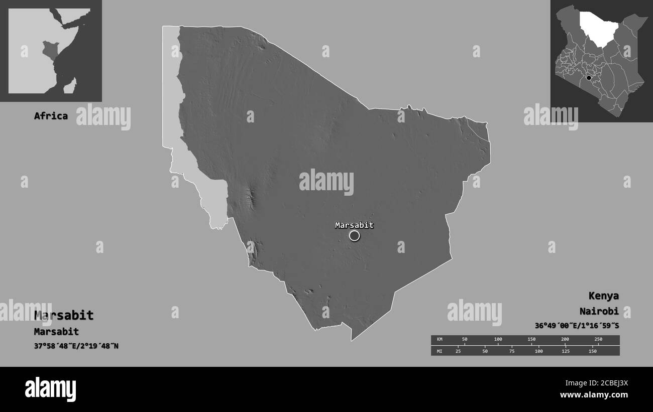 Shape of Marsabit, county of Kenya, and its capital. Distance scale ...