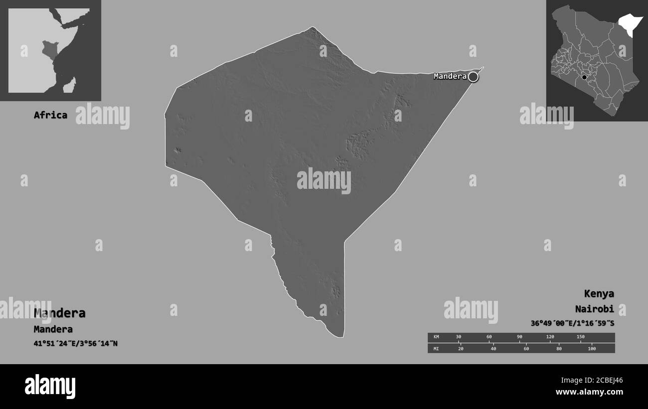 Shape of Mandera, county of Kenya, and its capital. Distance scale ...