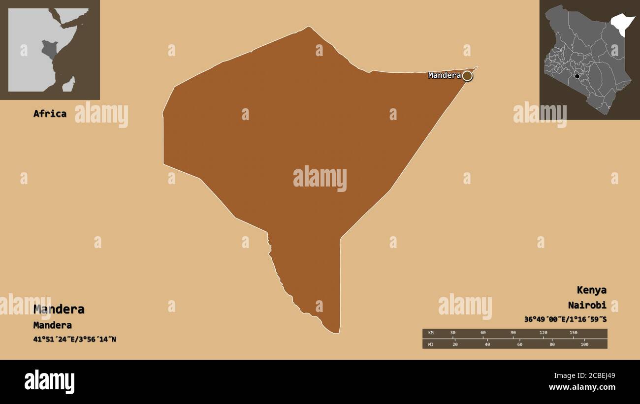Shape of Mandera, county of Kenya, and its capital. Distance scale ...