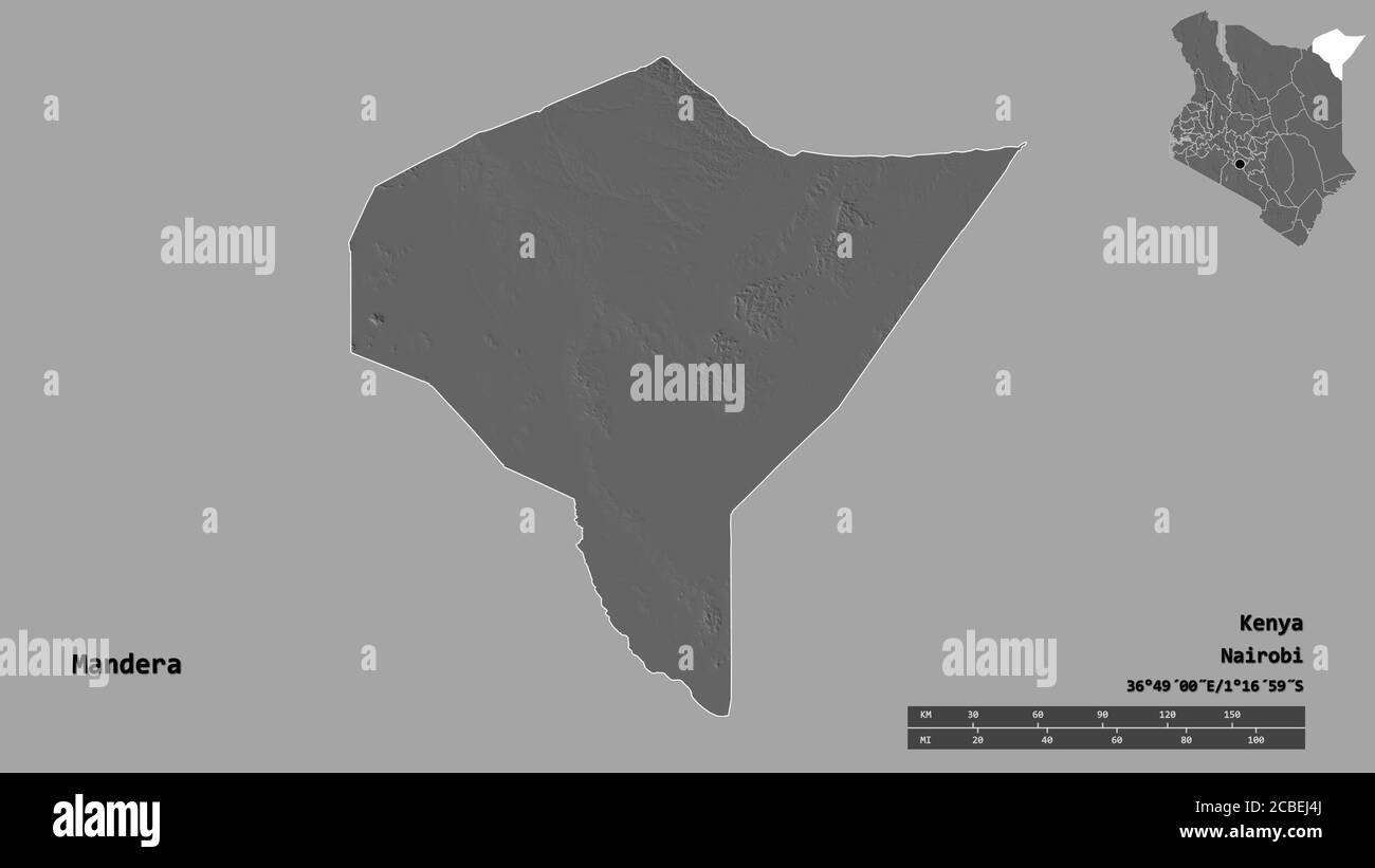 Shape of Mandera, county of Kenya, with its capital isolated on solid ...