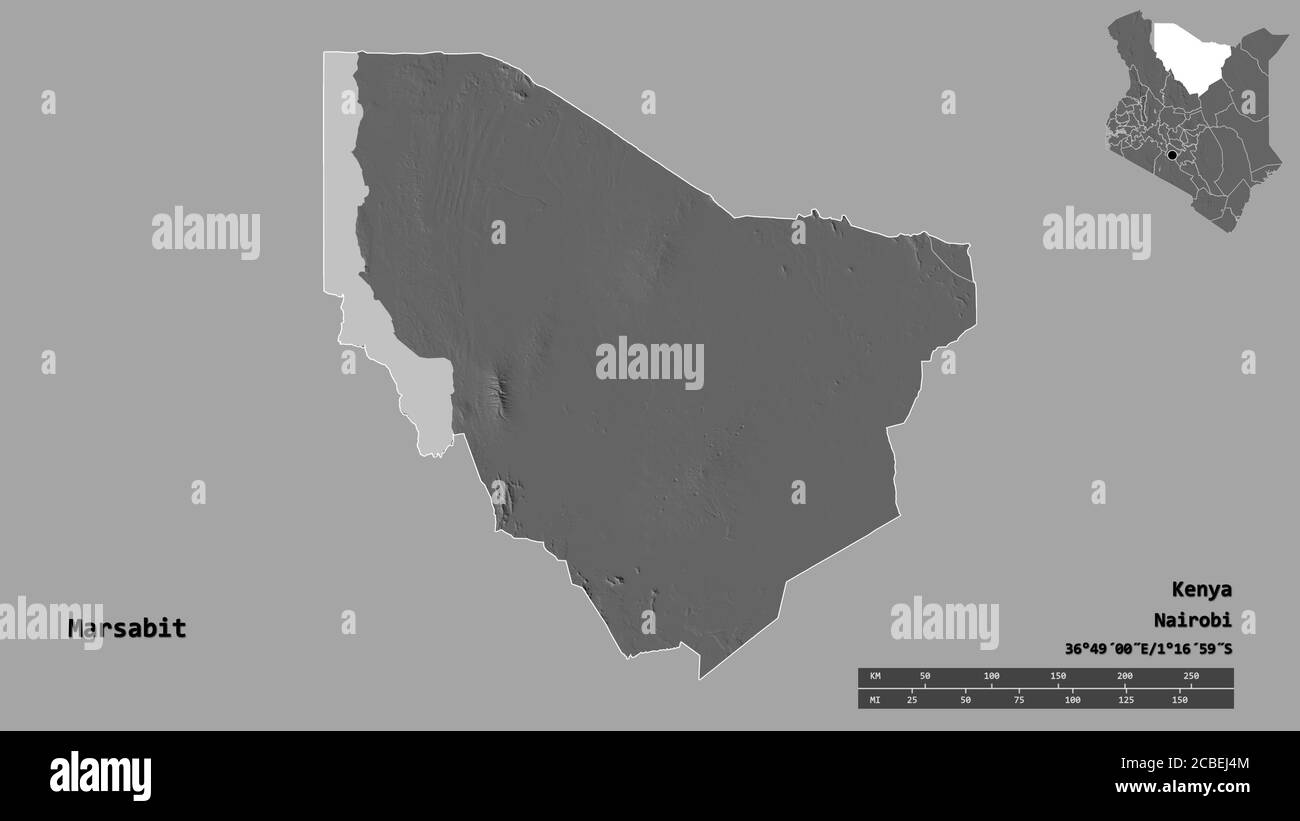 Shape of Marsabit, county of Kenya, with its capital isolated on solid ...