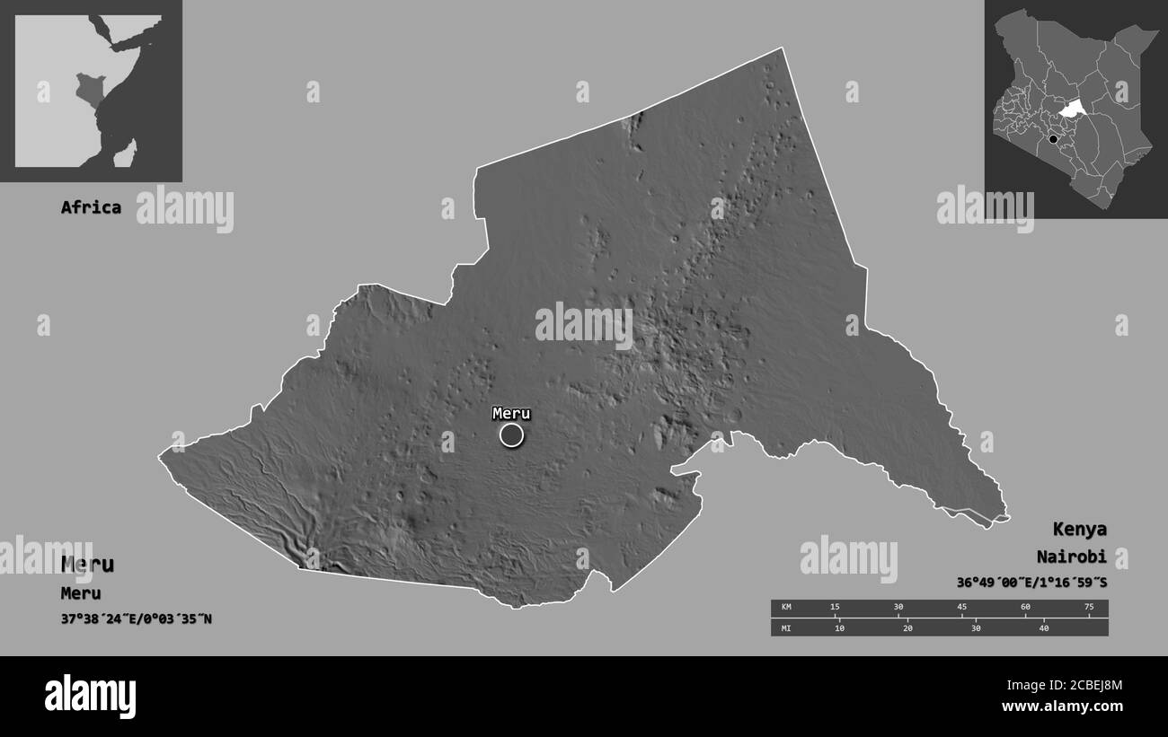 Shape of Meru, county of Kenya, and its capital. Distance scale ...