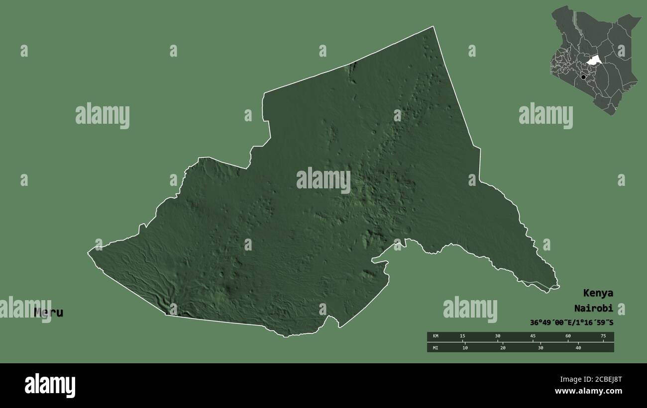 Shape of Meru, county of Kenya, with its capital isolated on solid ...