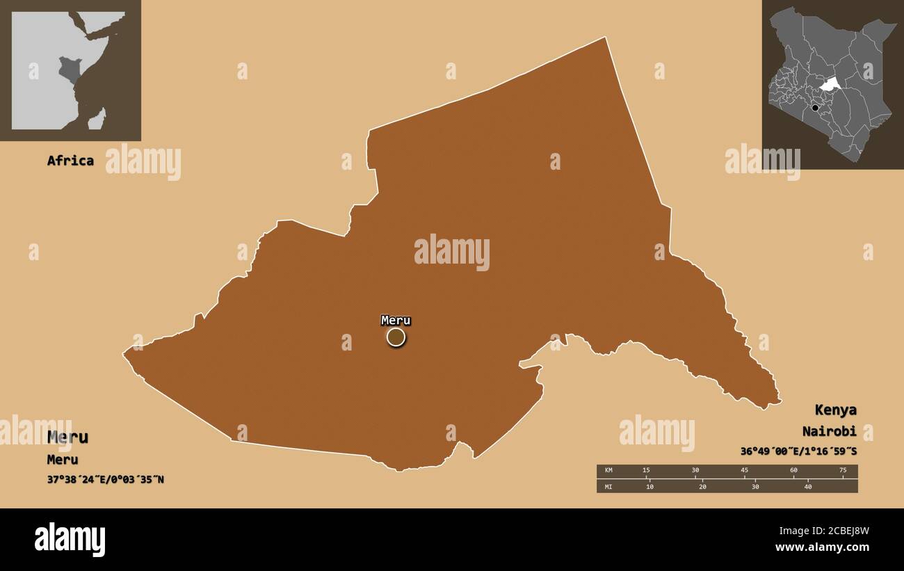 Shape of Meru, county of Kenya, and its capital. Distance scale ...