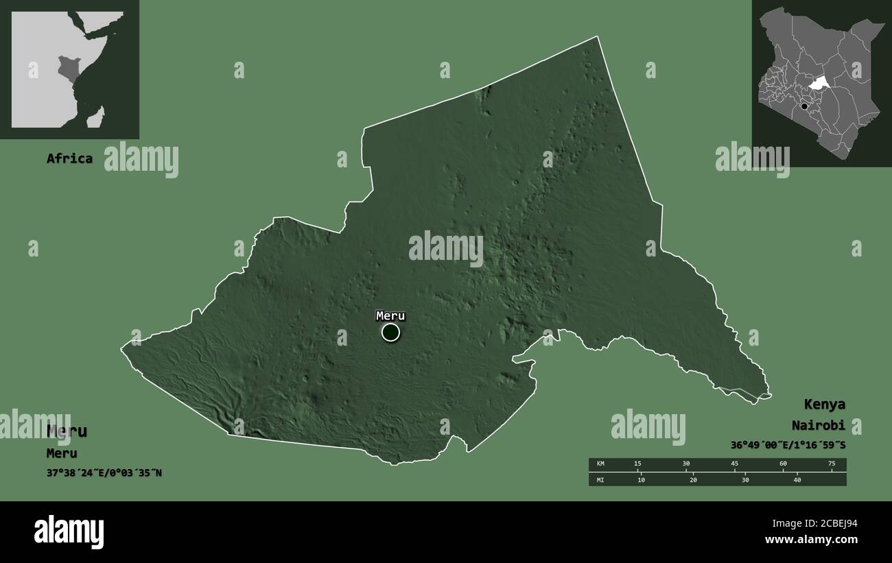 Shape of Meru, county of Kenya, and its capital. Distance scale ...