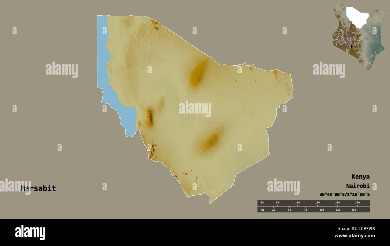 Shape of Marsabit, county of Kenya, with its capital isolated on solid ...