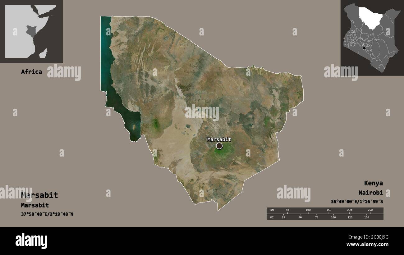 Shape of Marsabit, county of Kenya, and its capital. Distance scale ...