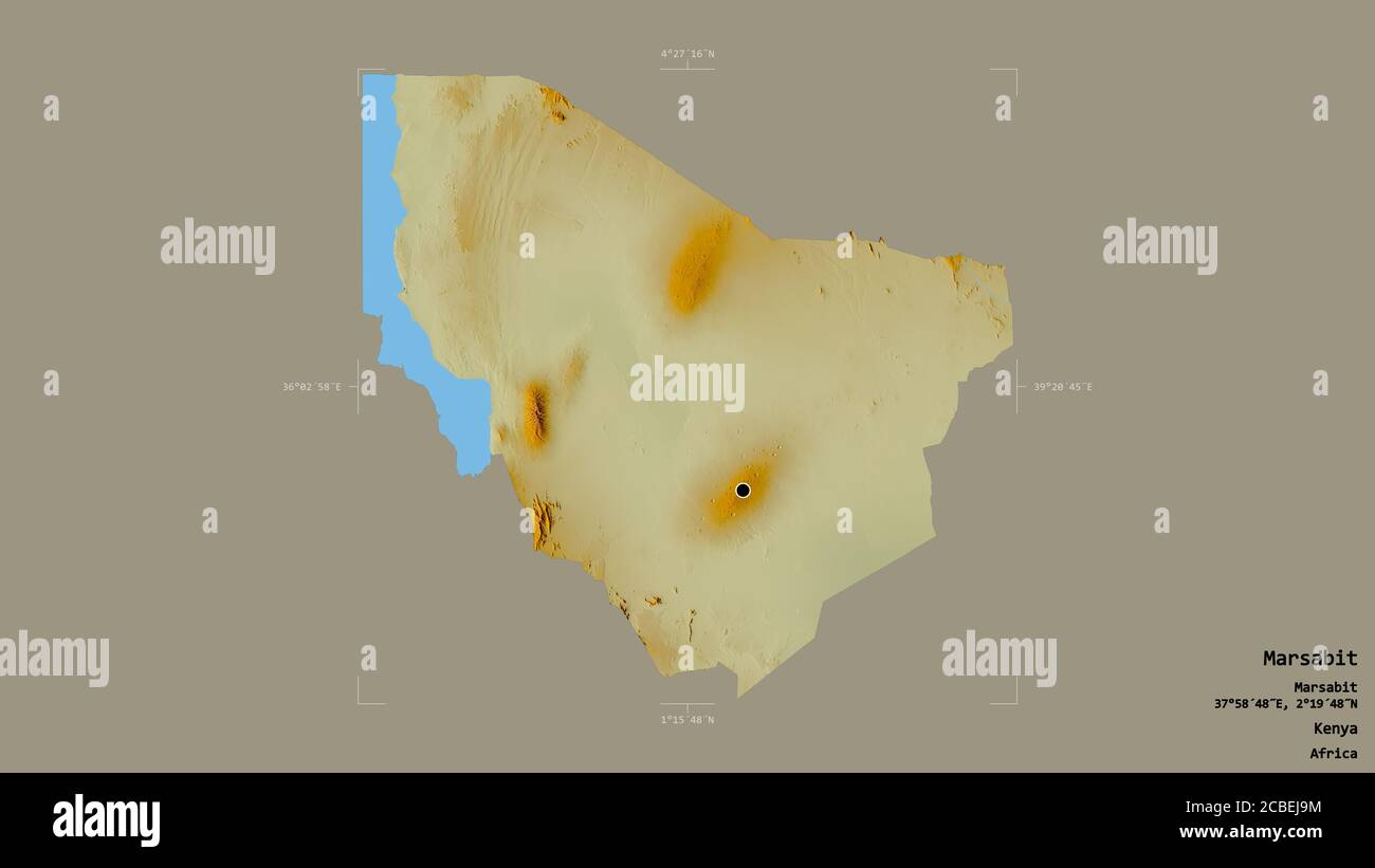 Area of Marsabit, county of Kenya, isolated on a solid background in a ...