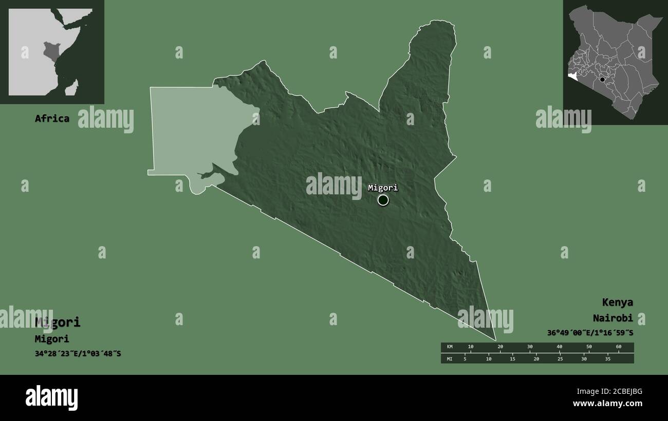 Shape of Migori, county of Kenya, and its capital. Distance scale ...