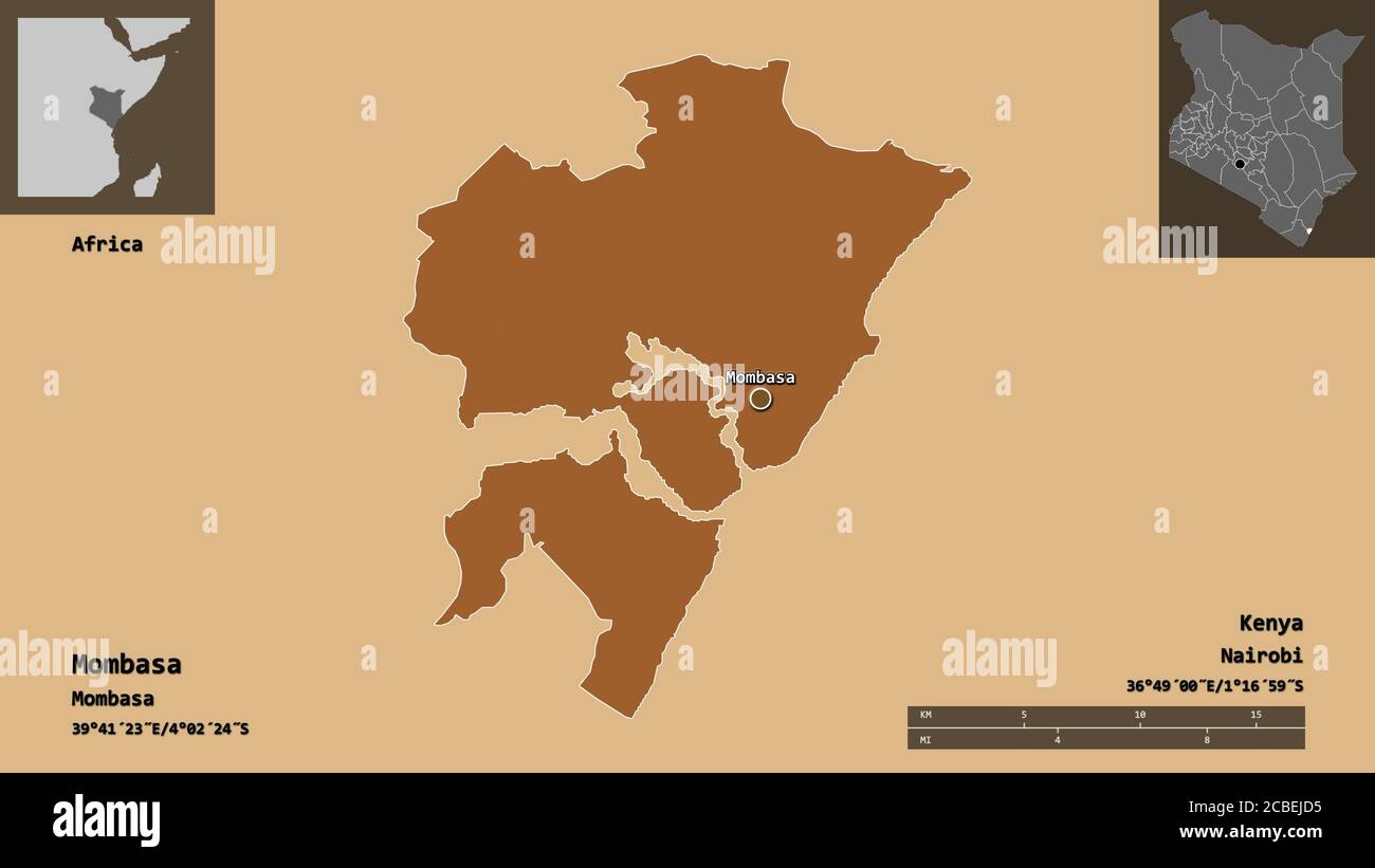 Shape of Mombasa, county of Kenya, and its capital. Distance scale ...