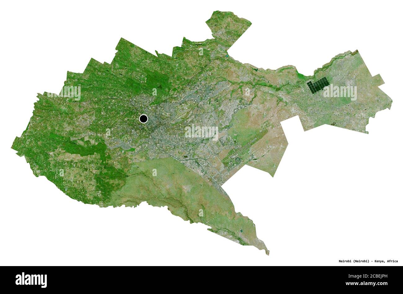 Shape of Nairobi, county of Kenya, with its capital isolated on white background. Satellite ...
