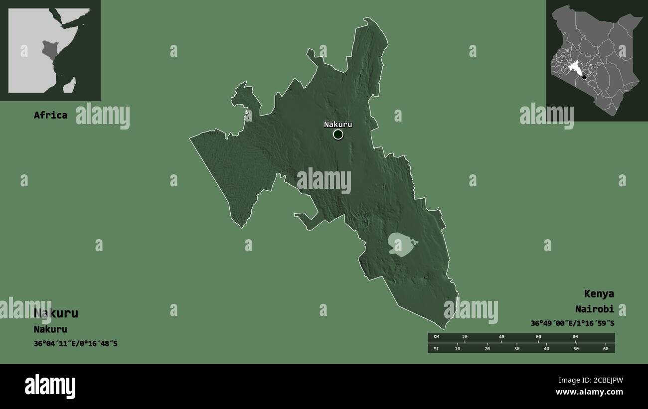 Shape of Nakuru, county of Kenya, and its capital. Distance scale ...