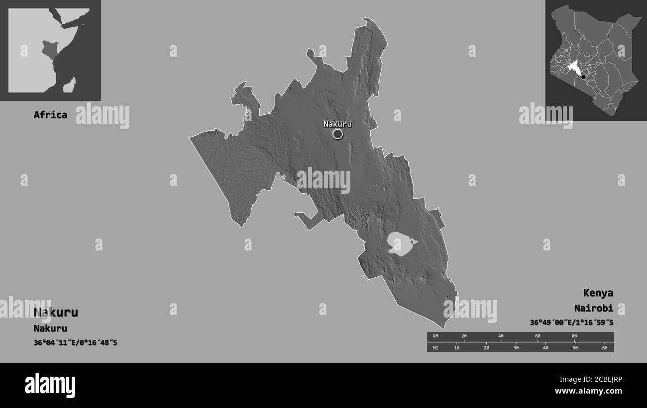 Shape of Nakuru, county of Kenya, and its capital. Distance scale ...