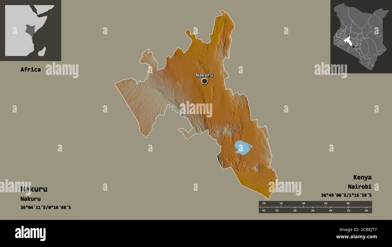 Shape of Nakuru, county of Kenya, and its capital. Distance scale ...