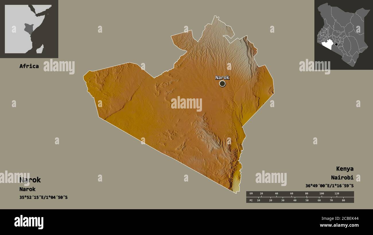 Shape of Narok, county of Kenya, and its capital. Distance scale ...