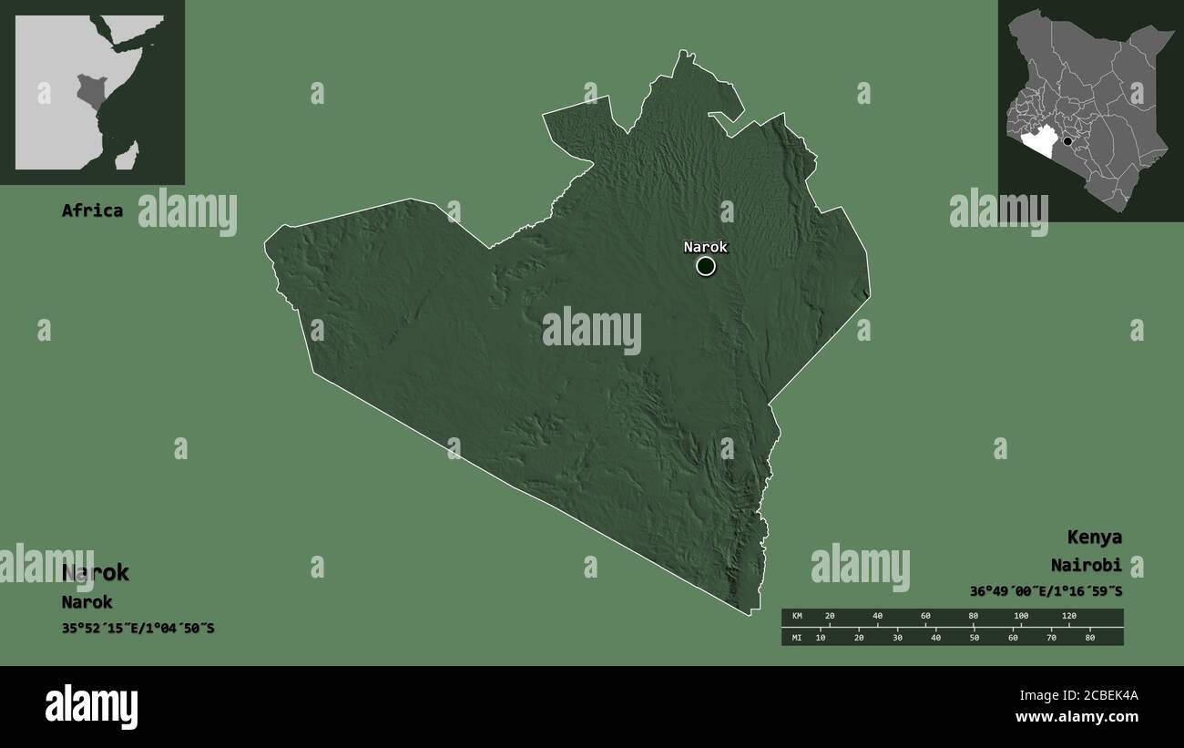 Shape of Narok, county of Kenya, and its capital. Distance scale ...