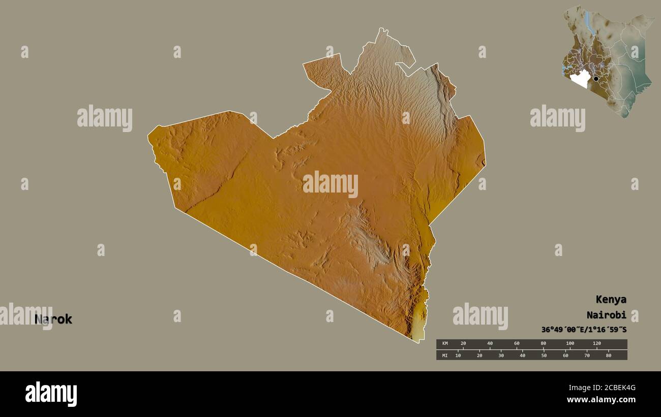 Shape of Narok, county of Kenya, with its capital isolated on solid ...