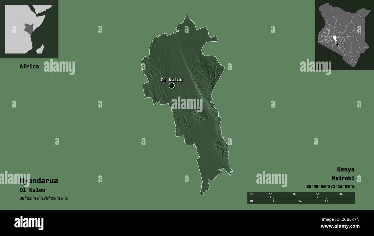 Shape of Nyandarua, county of Kenya, and its capital. Distance scale ...