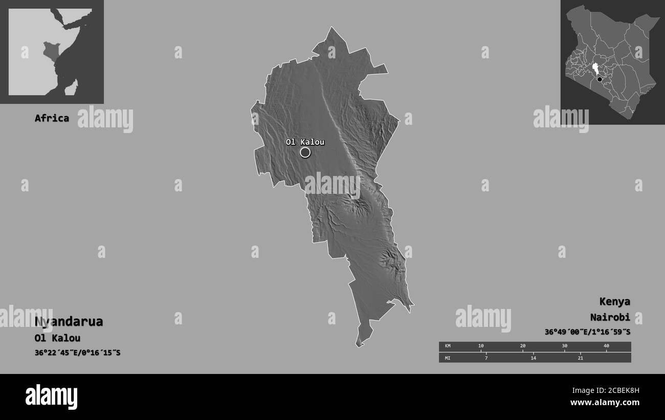 Shape of Nyandarua, county of Kenya, and its capital. Distance scale ...