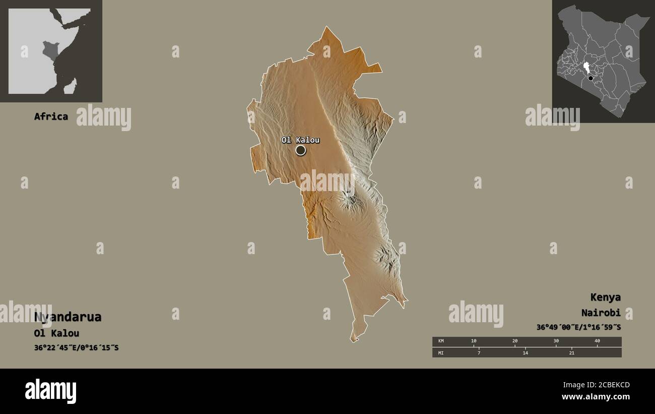 Shape of Nyandarua, county of Kenya, and its capital. Distance scale ...