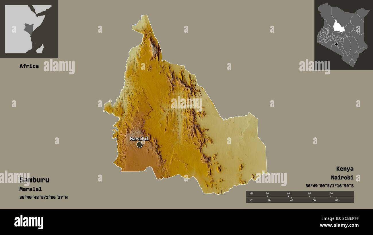 Shape of Samburu, county of Kenya, and its capital. Distance scale ...