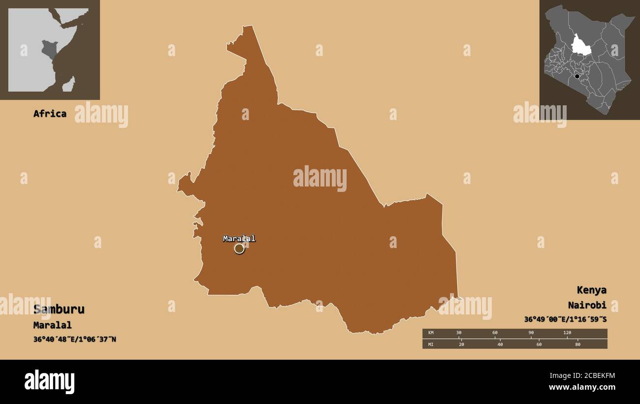 Shape of Samburu, county of Kenya, and its capital. Distance scale ...