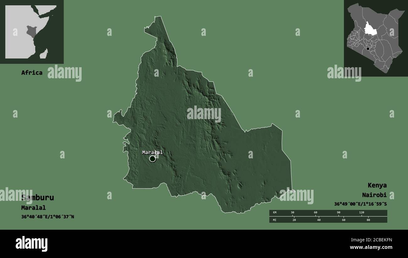 Shape of Samburu, county of Kenya, and its capital. Distance scale ...