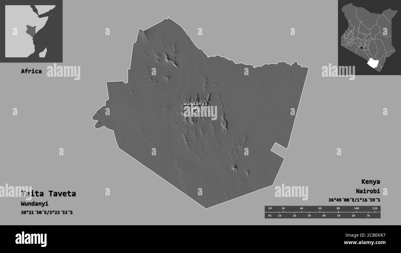 Shape of Taita Taveta, county of Kenya, and its capital. Distance scale ...