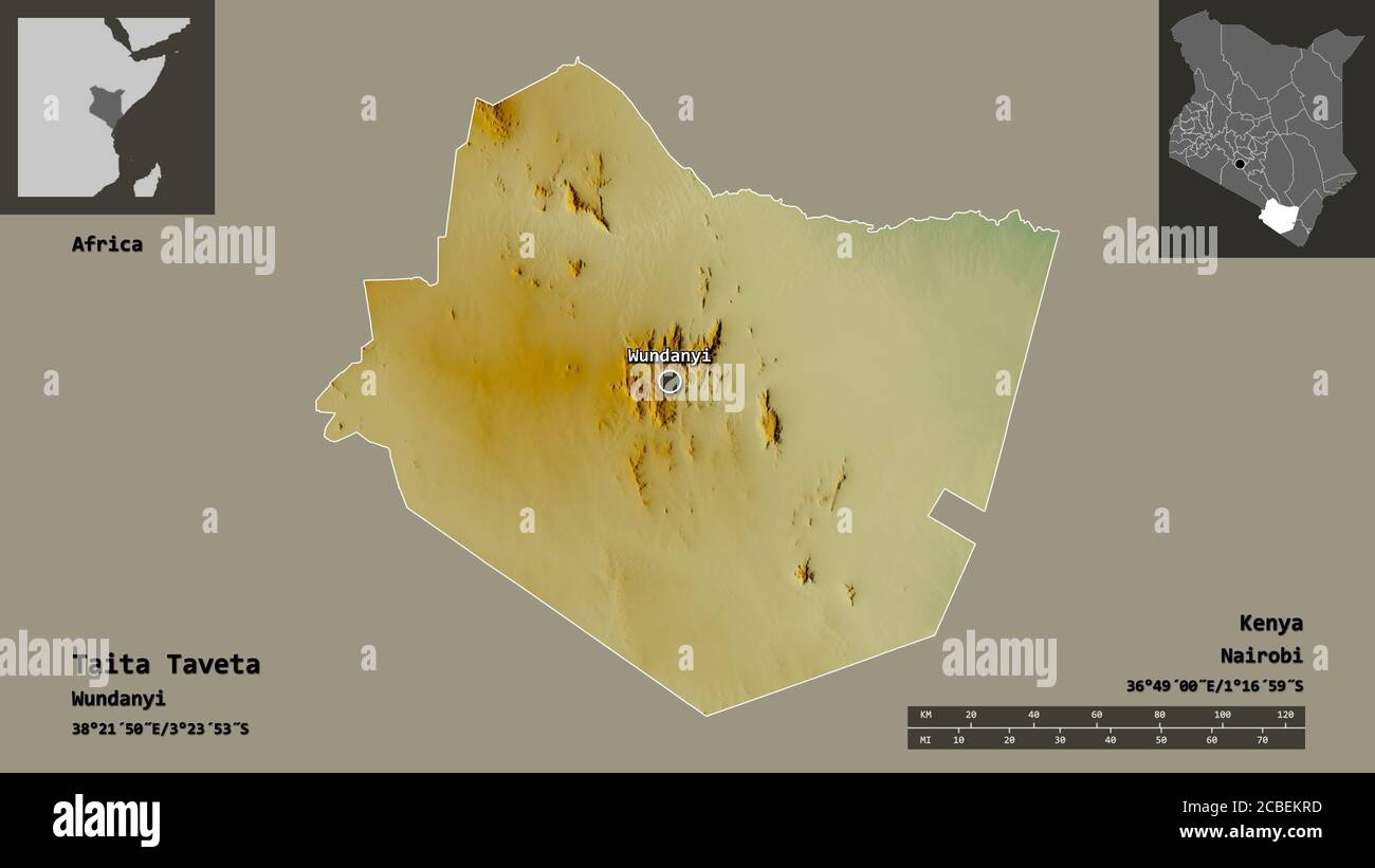 Shape of Taita Taveta, county of Kenya, and its capital. Distance scale ...
