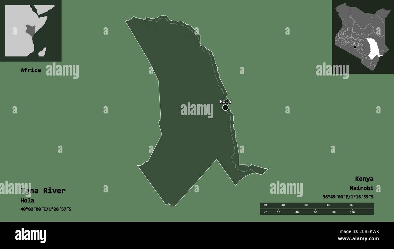 Shape of Tana River, county of Kenya, and its capital. Distance scale ...