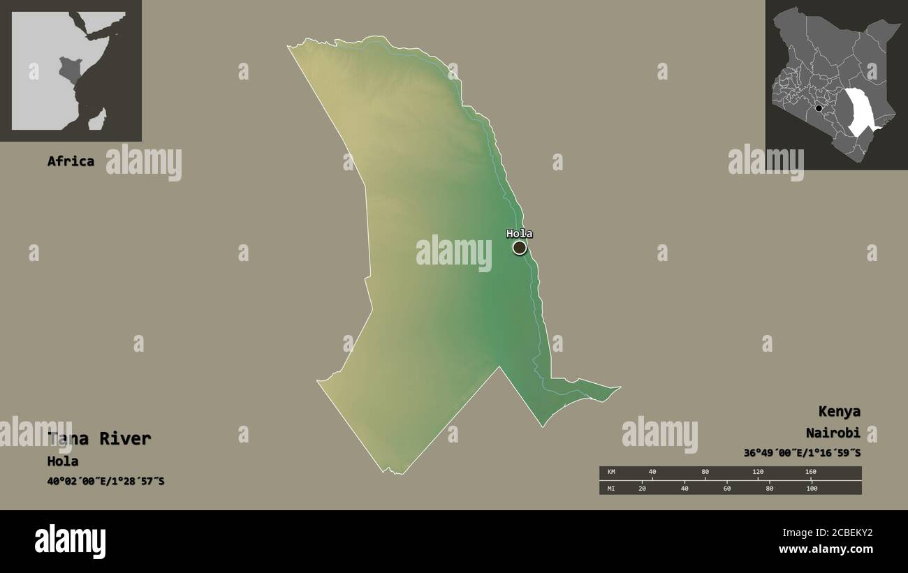 Shape of Tana River, county of Kenya, and its capital. Distance scale ...