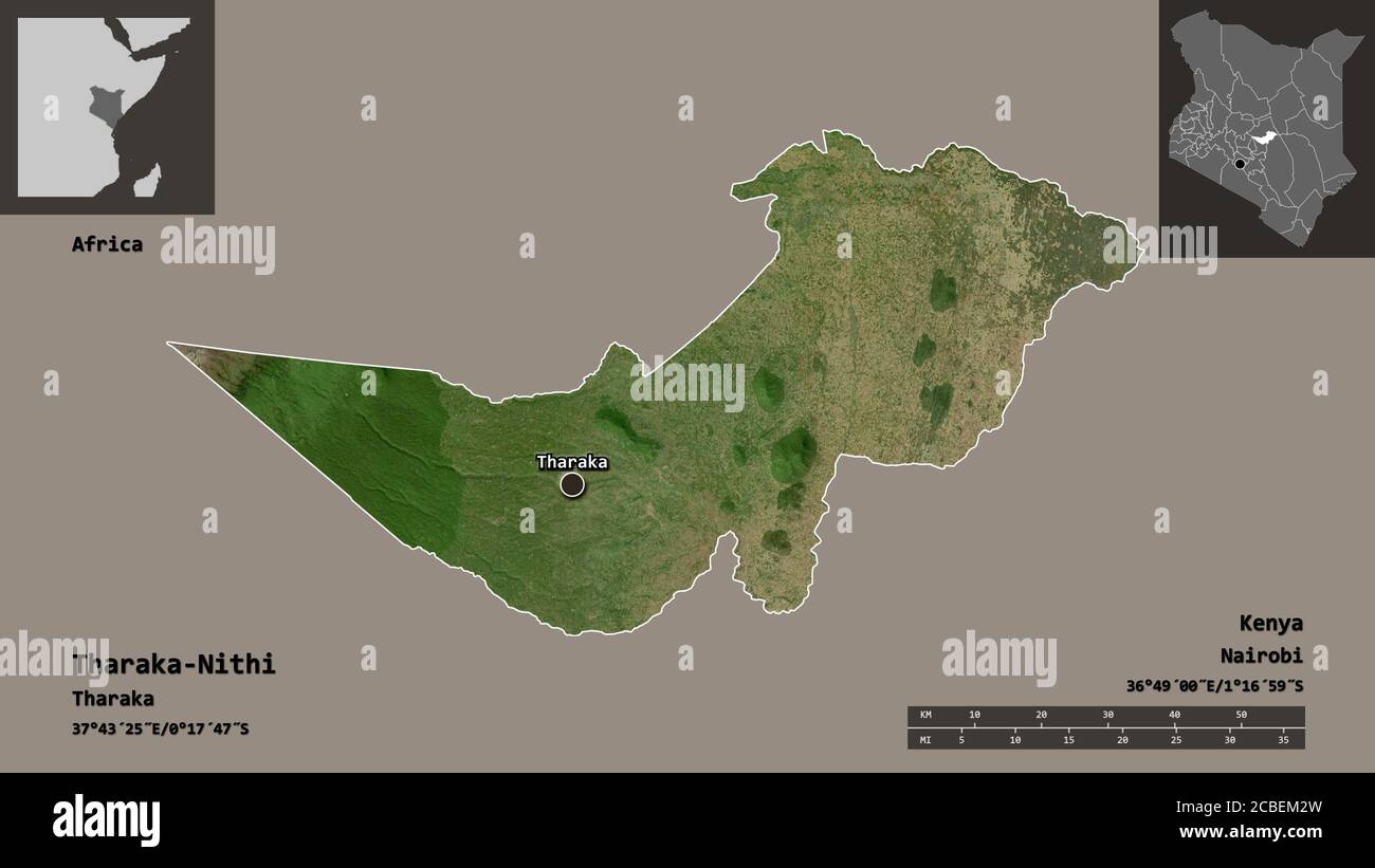 Shape of Tharaka-Nithi, county of Kenya, and its capital. Distance ...