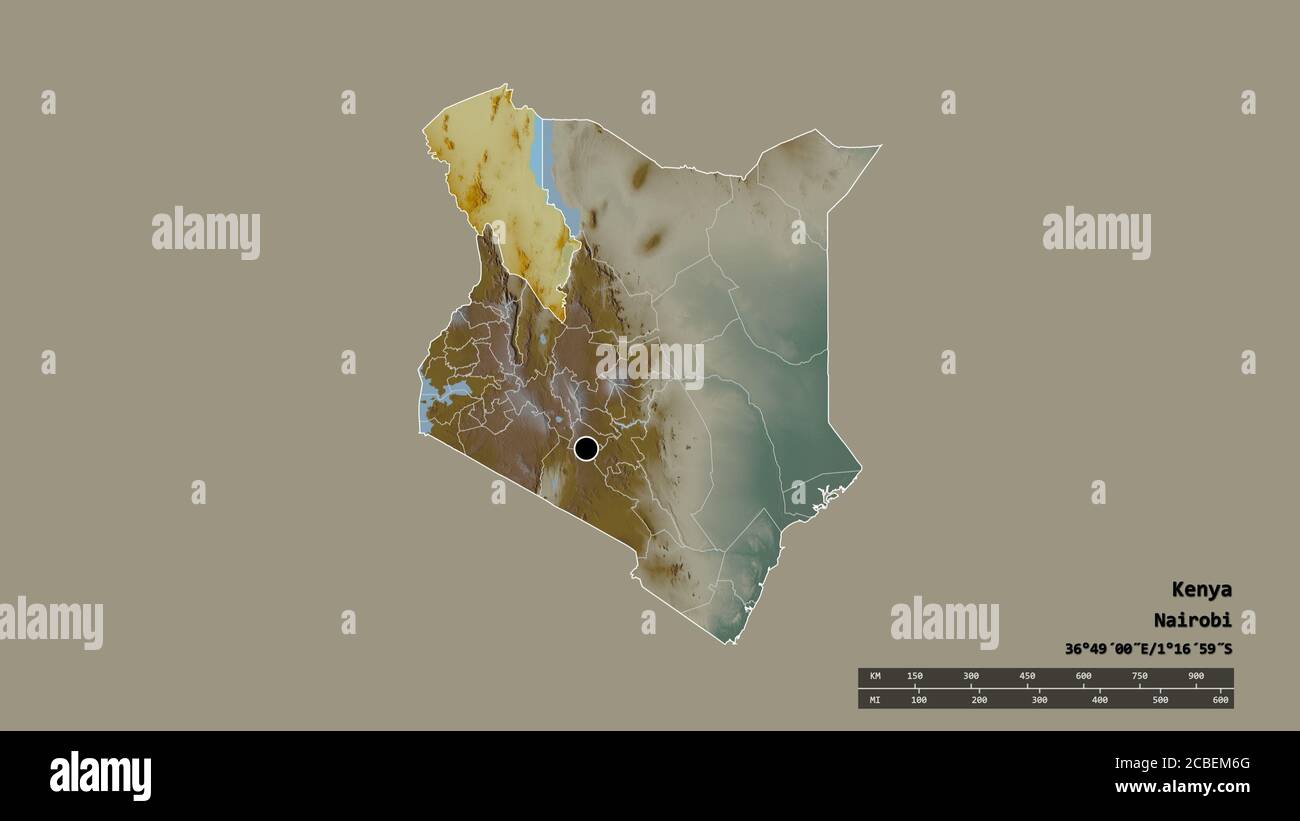 Desaturated shape of Kenya with its capital, main regional division and ...
