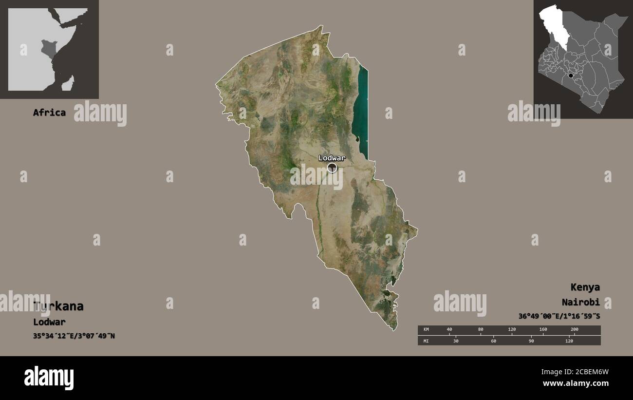 Shape of Turkana, county of Kenya, and its capital. Distance scale ...