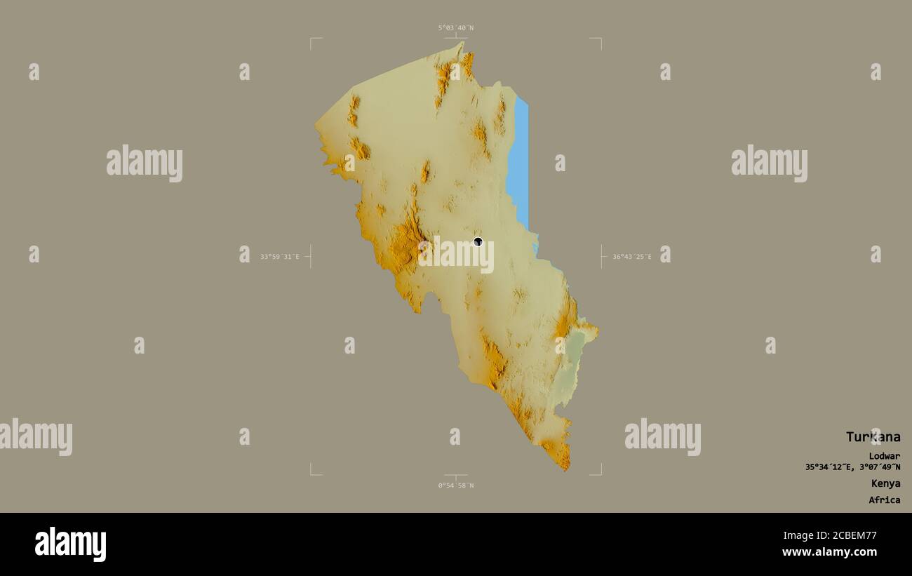 Area of Turkana, county of Kenya, isolated on a solid background in a ...