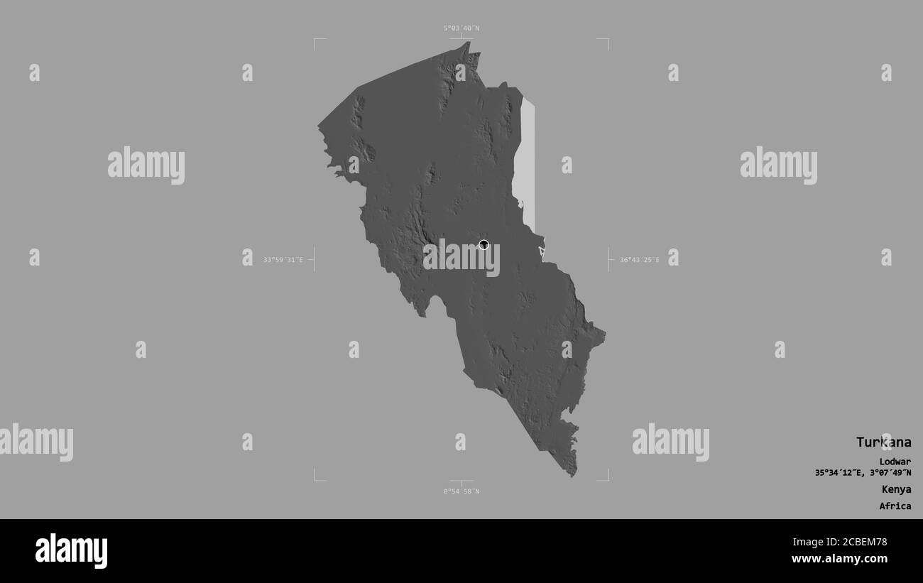 Area of Turkana, county of Kenya, isolated on a solid background in a ...