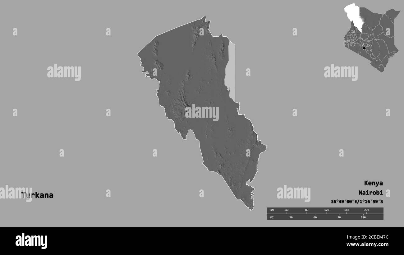 Shape of Turkana, county of Kenya, with its capital isolated on solid ...